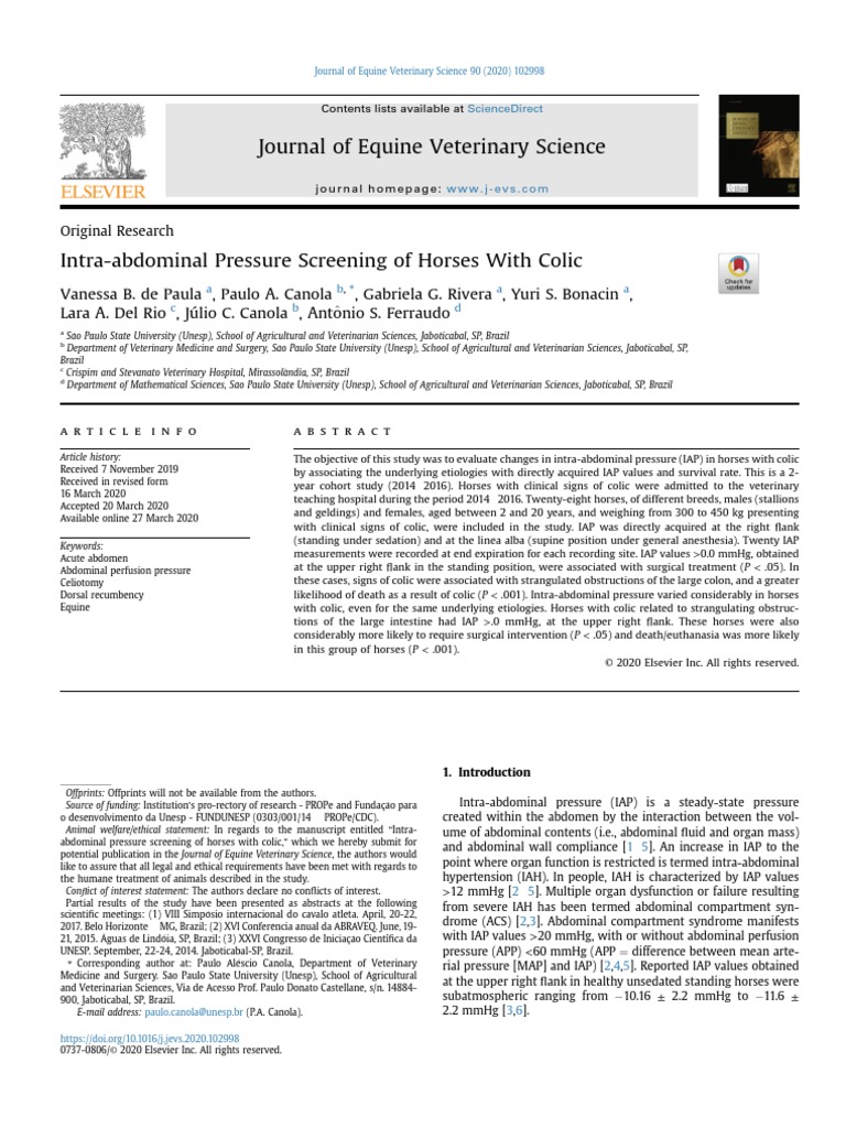 Journal of Equine Veterinary Science | PDF | Abdomen | Blood Pressure