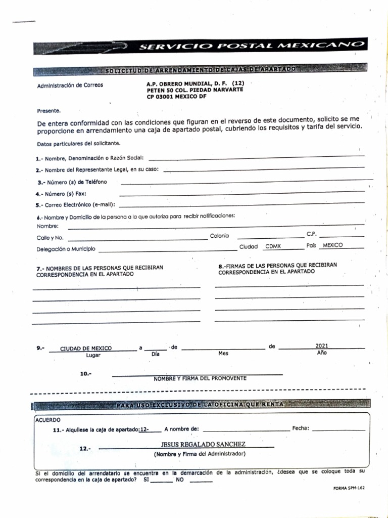 Solicitud Arrendamiento de Apartado Postal para México 2021 | PDF ...