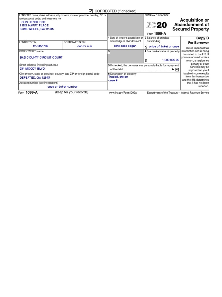 1099a Example For 1041 | PDF | Internal Revenue Service | Debtor