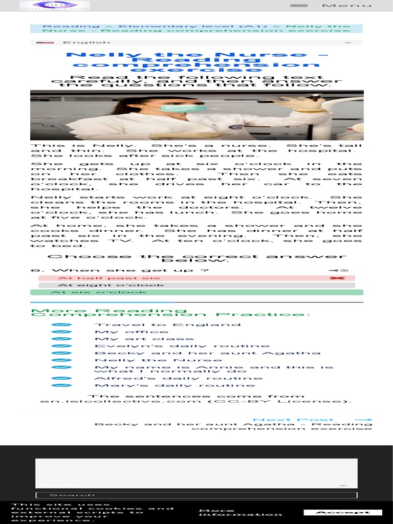 Nelly The Nurse - Reading Comprehension Exercise - Elementary Level (A1 ...