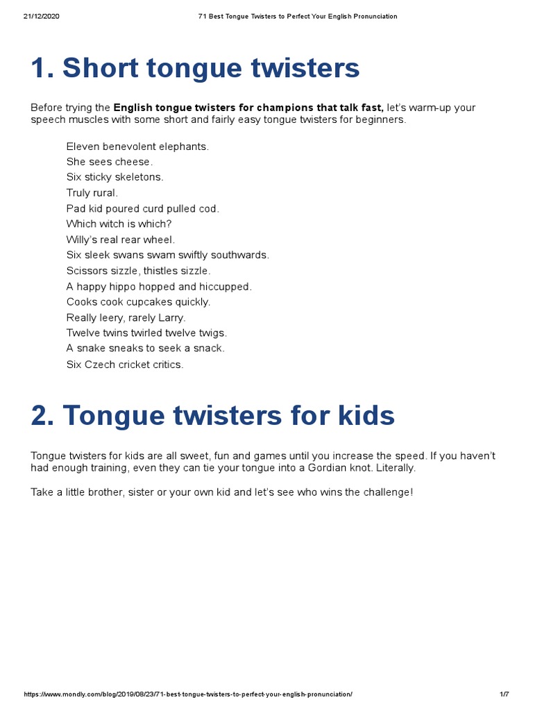 71 Best Tongue Twisters To Perfect Your English Pronunciation | PDF ...