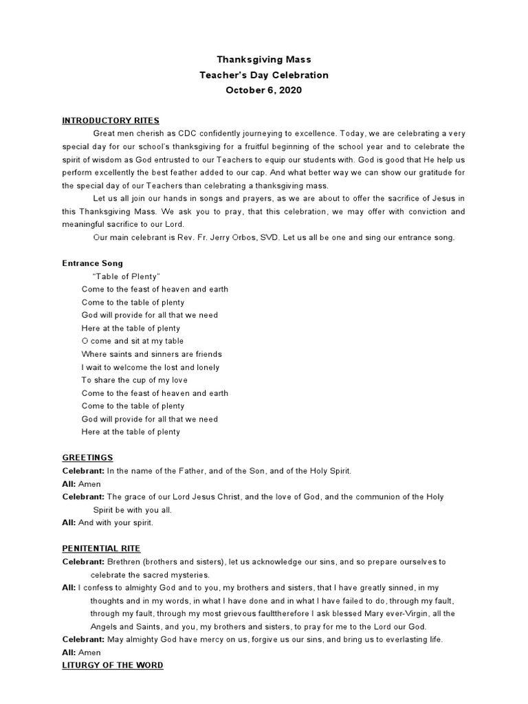Thanksgiving Mass Script | PDF | Lord's Prayer | Eucharist
