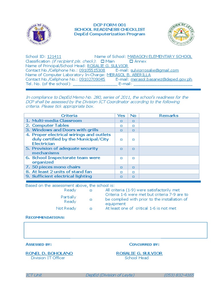 Form DCP-0001 School Readiness Checklist | PDF