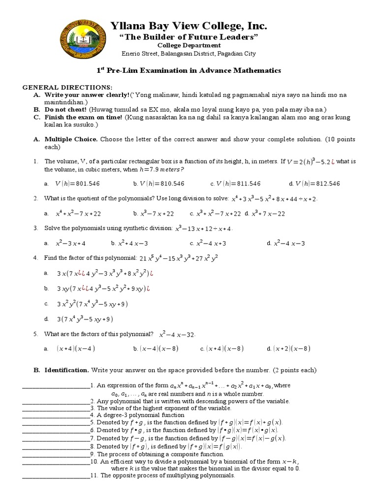 Advance Math 1st Prelim | PDF | Polynomial | Function (Mathematics)