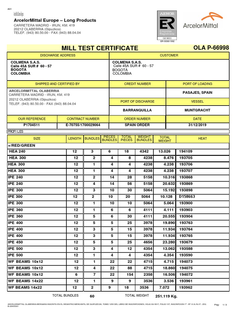Mill Test Certificate: Arcelormittal Olaberria-Bergara | PDF