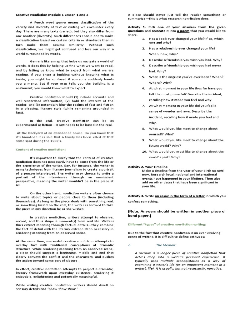 Creative Nonfiction Module 1 Lesson 1 Re | PDF | Creative Nonfiction ...