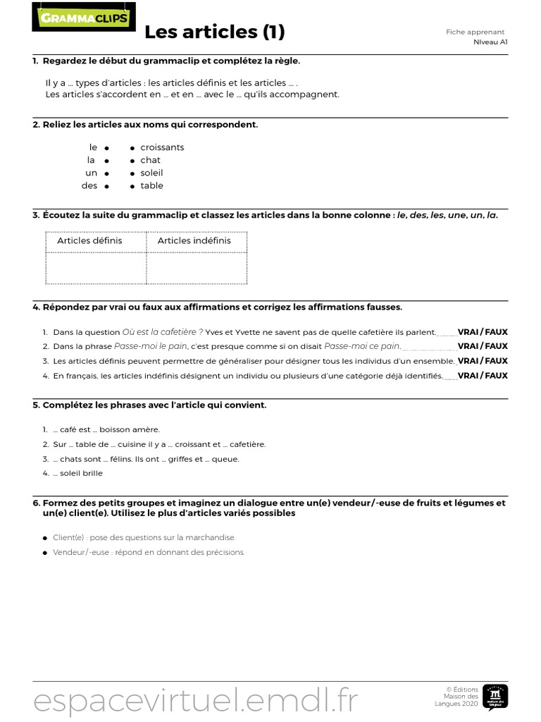 Grammaclip11 Articles Fiches 1 Fa | PDF