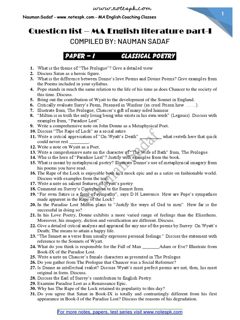 MA English Part 1 Past Papers - Questions - All Universities | PDF ...