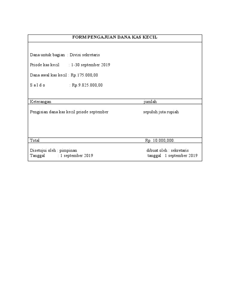 Form Pengajuan Dana Kas Kecil 2019 | PDF | Pengelolaan Keuangan & Uang