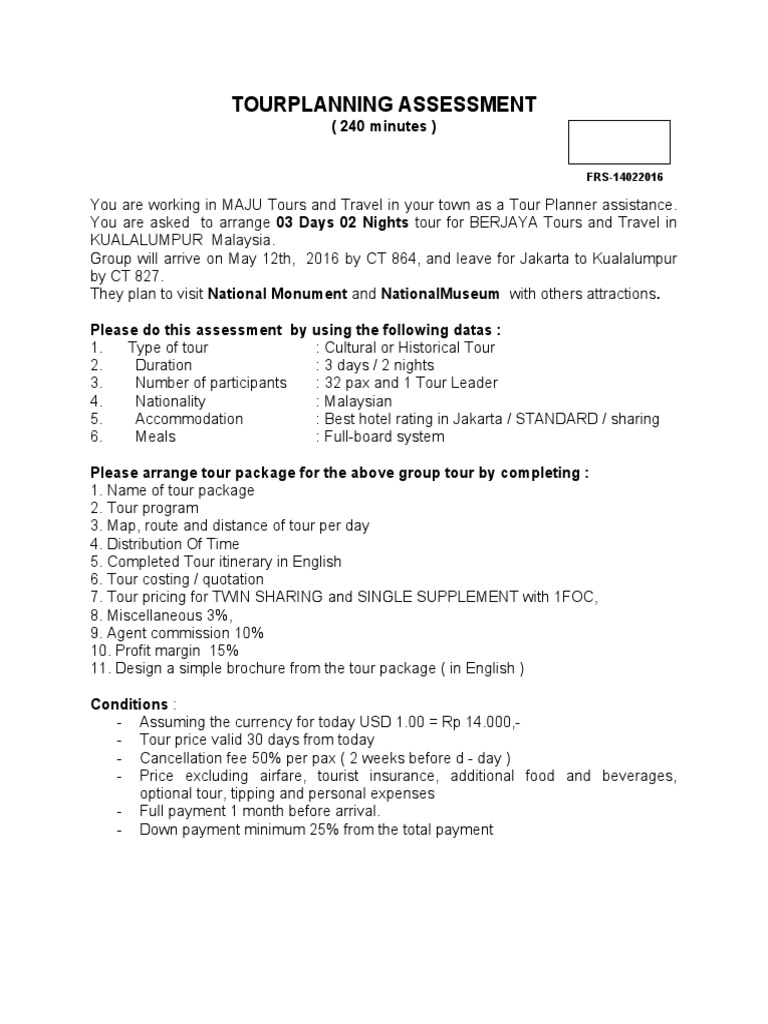 Latihan TOURPLANNING ASSESSMENT | PDF | Meal | Fee