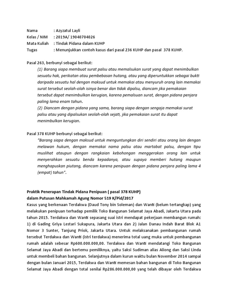 Contoh Kasus Pasal 263 DSN 378 KUHP | PDF