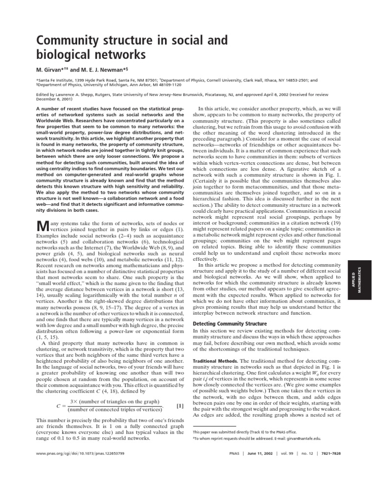 Community Structure in Social and Biological Networks: M. Girvan and M. E. J. Newman | PDF ...