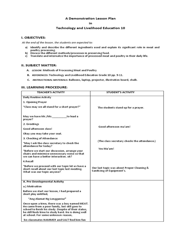 Demo Lesson Plan Tle Pdf Canning Curing Food Preservation