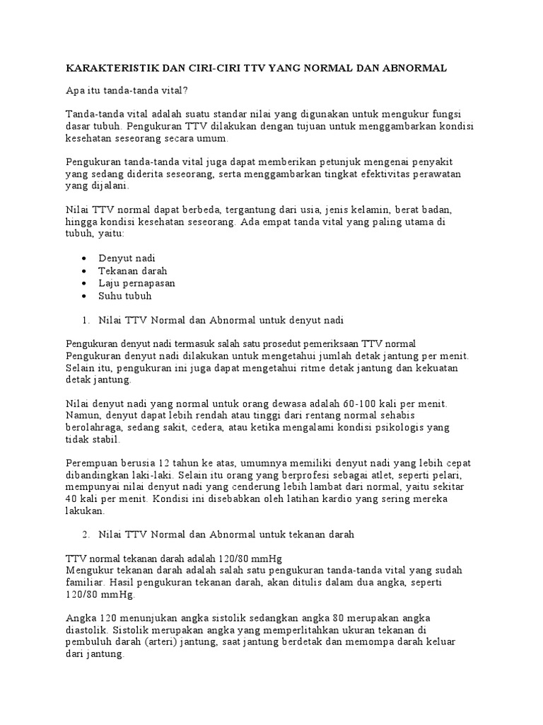 Karakteristik Dan Ciri TTV Normal Dan Abnormal | PDF