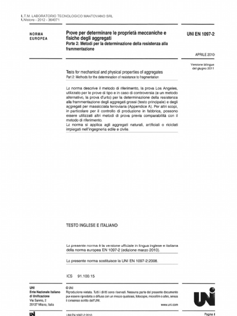 UNI EN 1097-2 (2010) - Los Angeles | PDF