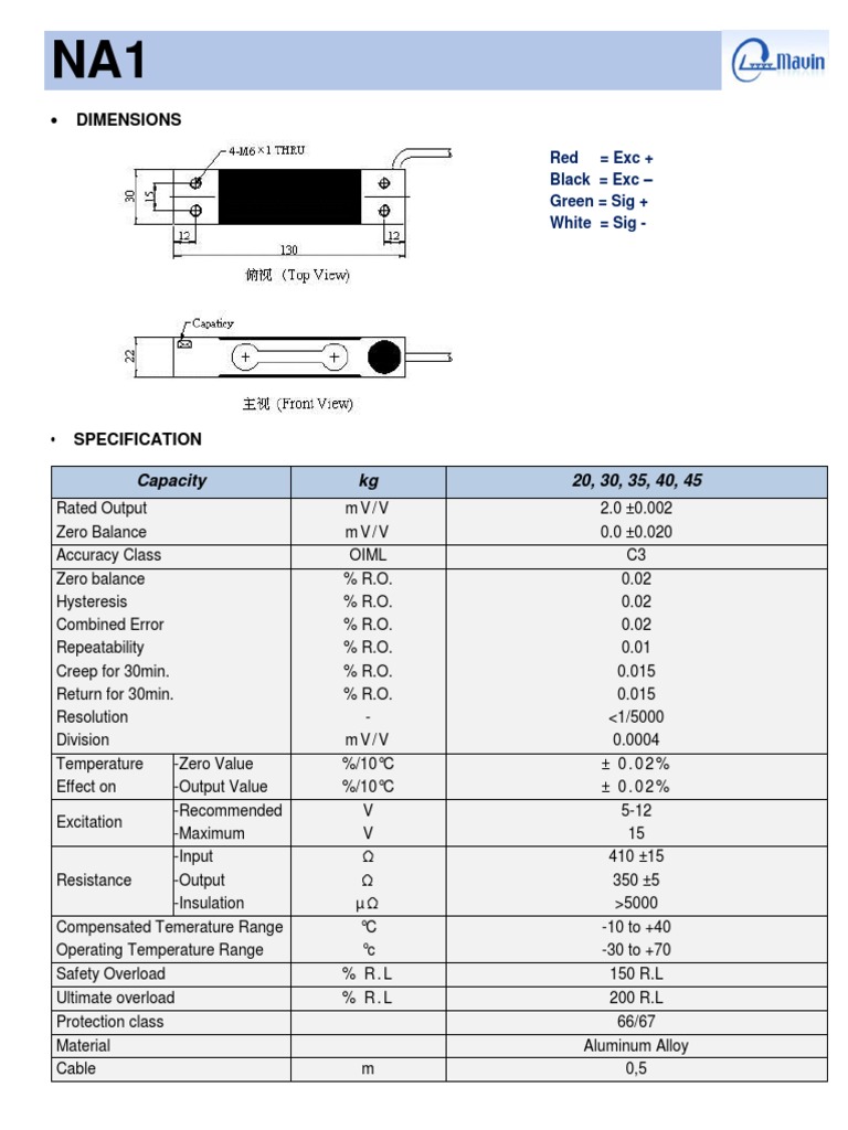 Mavin NA1 Load Cell Specifications | PDF