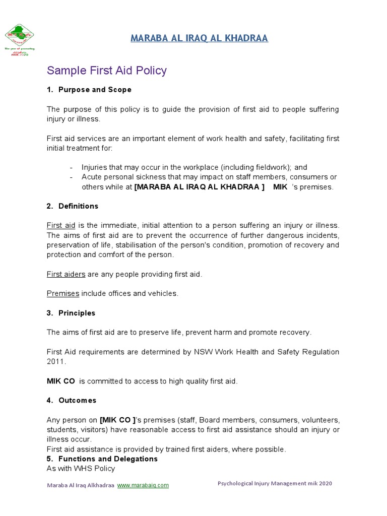 Sample First Aid Policy: Maraba Al Iraq Al Khadraa | PDF