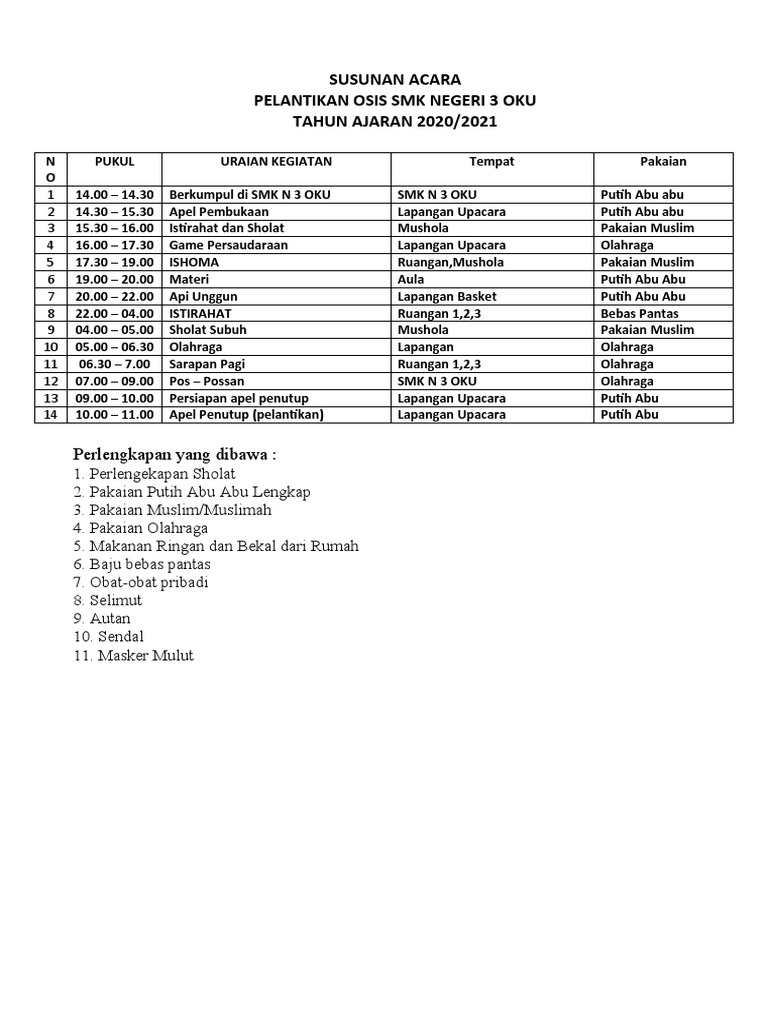 Susunan Acara Pelantikan Osis | PDF