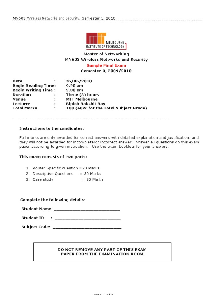 MN603-Sample-Final Exam-Sem1-2010 | PDF | Wireless Access Point | Computer Network