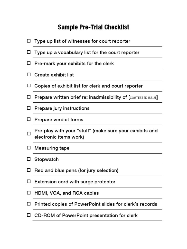 Pre-Trial Checklist (Sample) | PDF