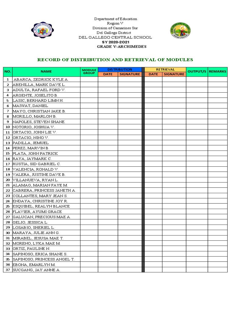 Record of Distribution and Retrieval of Modules: Del Gallego Central ...