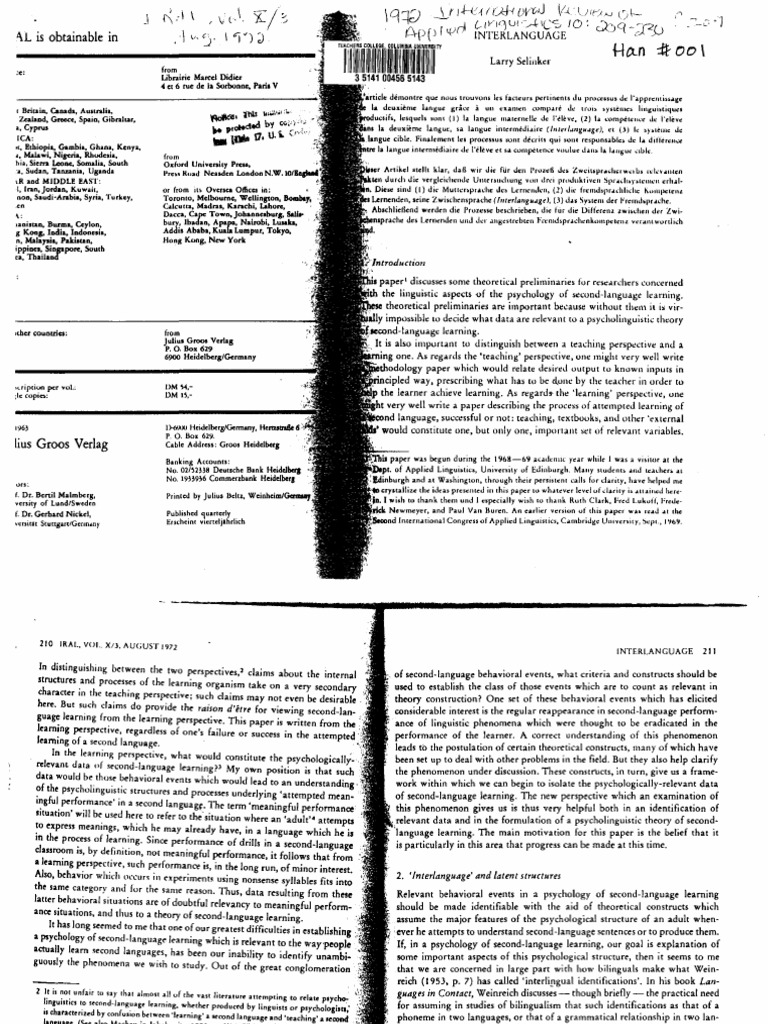 Selinker Interlanguage | PDF | Second Language | Second Language Acquisition