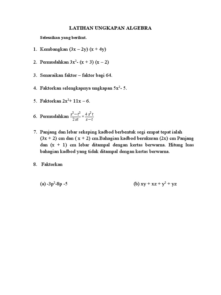 Soalan Ungkapan Algebra 4 Inovatif | PDF
