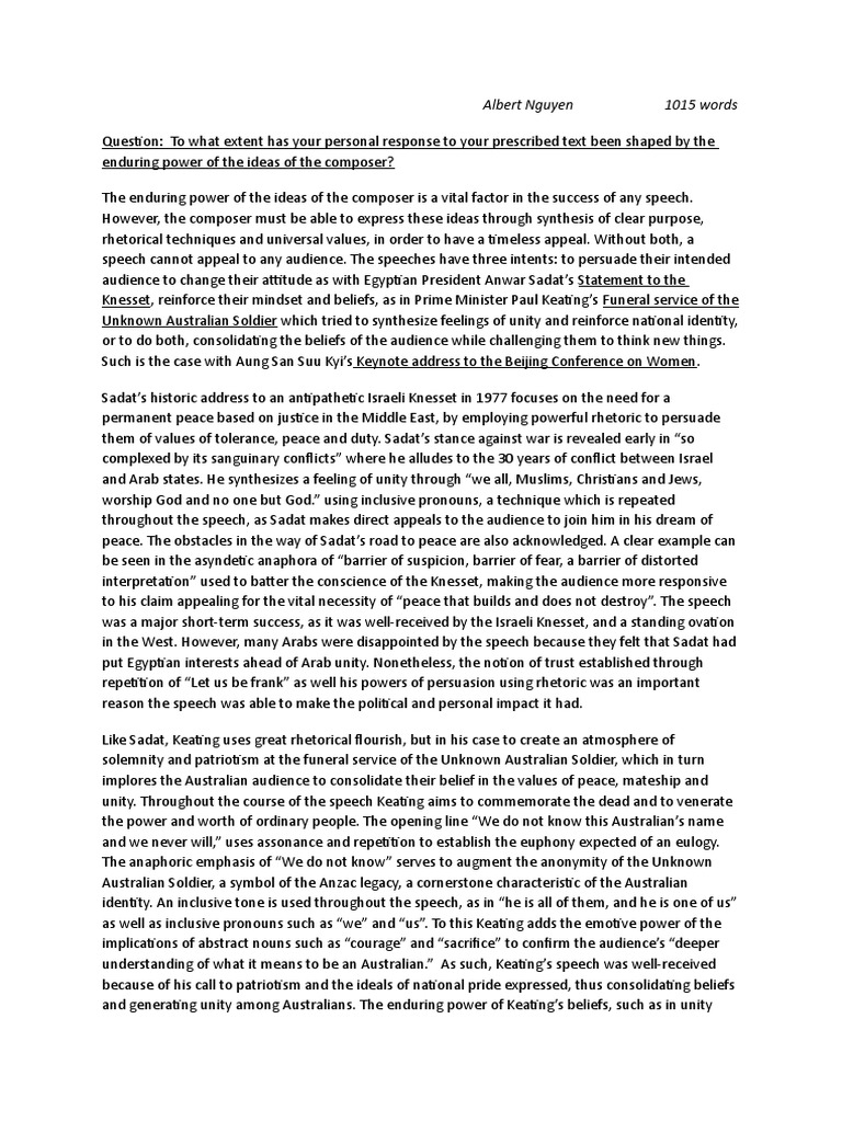 Enduring Rhetoric in Influential Speeches | PDF | Anwar Sadat | Rhetoric