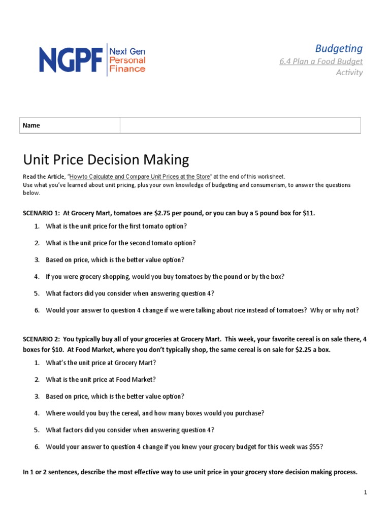 Unit Price Decision Making: Budgeting | PDF | Grocery Store | Prices