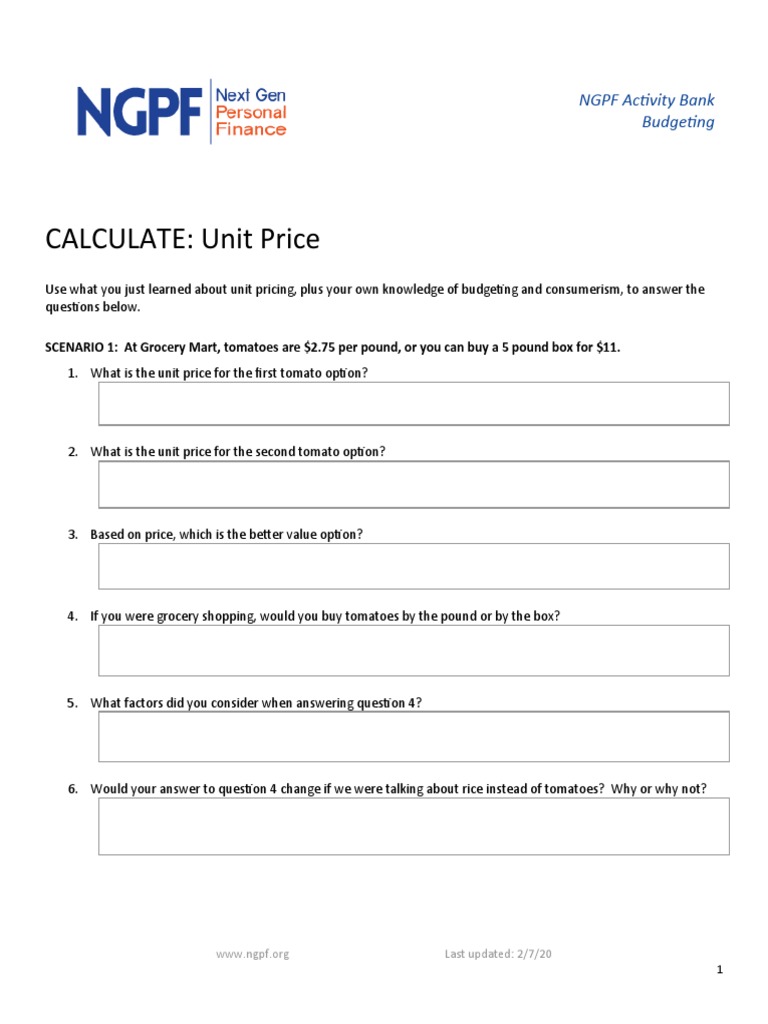 CALCULATE: Unit Price: NGPF Activity Bank Budgeting | PDF