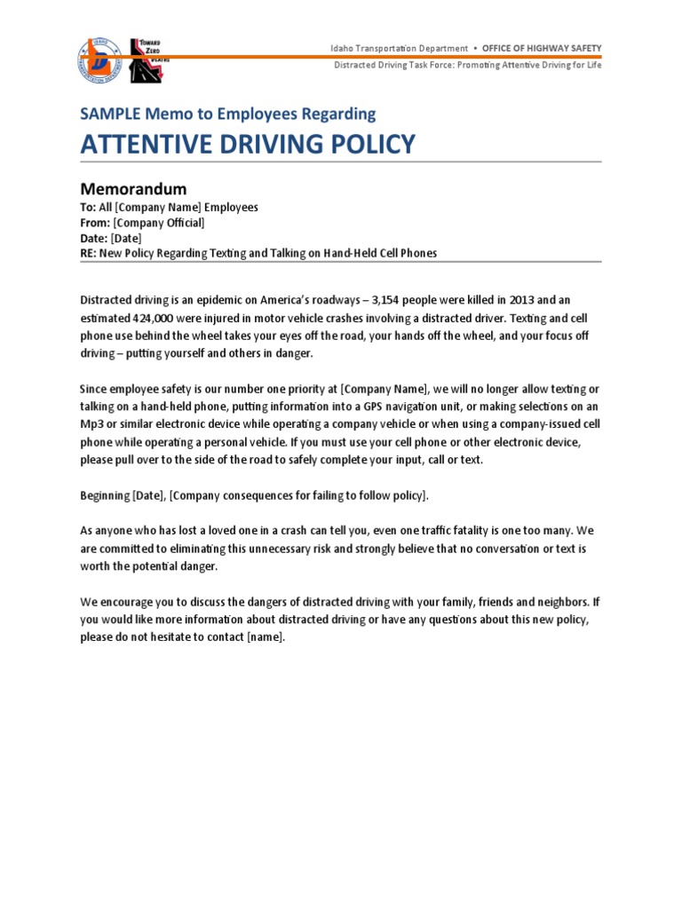 Attentive Driving Policy: SAMPLE Memo To Employees Regarding | PDF