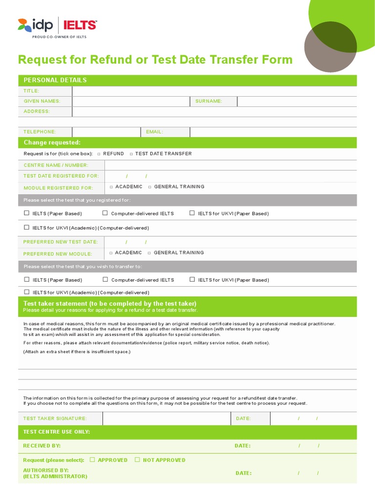 IELTS Request For Refund or Test Date Transfer Form | PDF ...