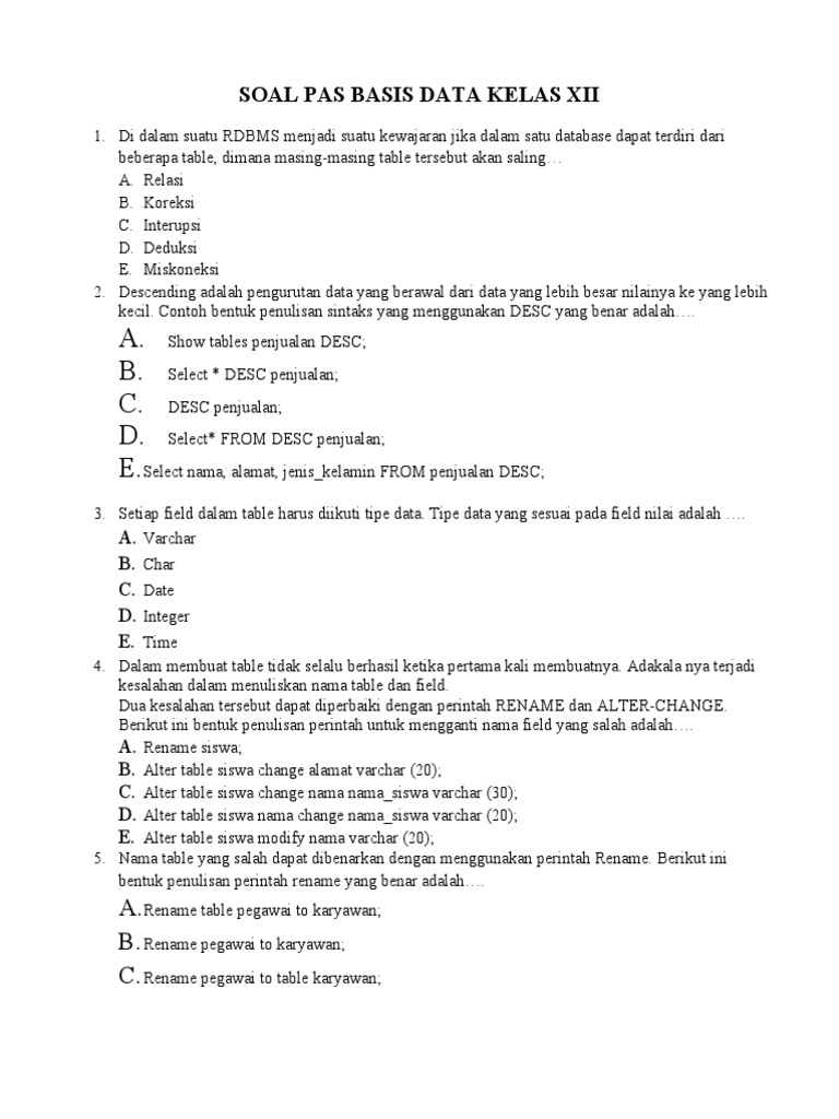 Soal Pas Basis Data Kelas Xii Arifmf | PDF