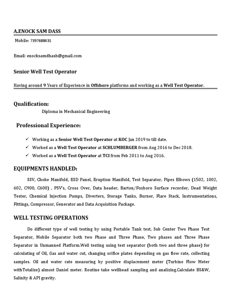 Sr. Well Test Operator | PDF | Flow Measurement | Gases