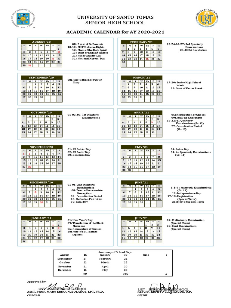 ACADEMIC CALENDAR For AY 2020-2021: University of Santo Tomas Senior ...