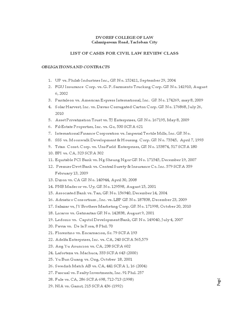 List of Cases For Civil Law Review Class: Obligations and Contracts ...