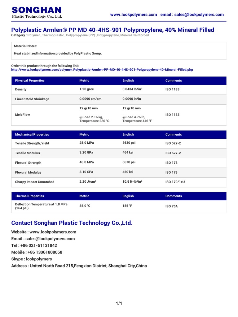 Polyplastic Armlen PP MD 40 4HS 901 Polypropylene 40 Mineral Filled ...