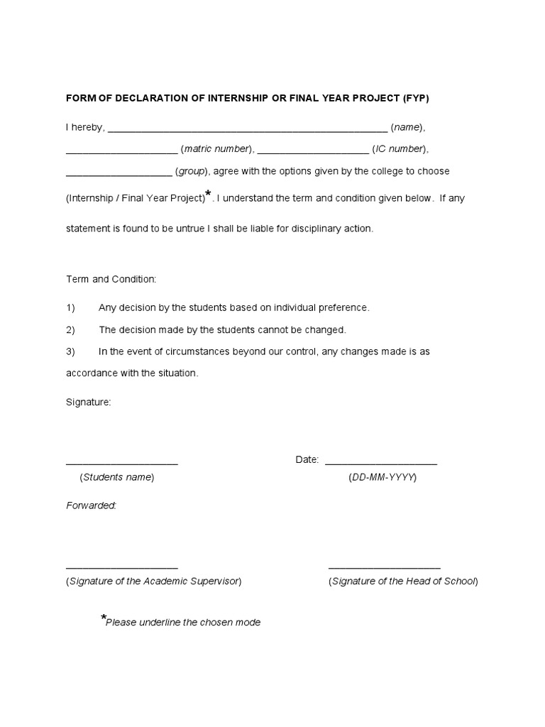 Form of Declaration of Internship or Final Year Project | PDF
