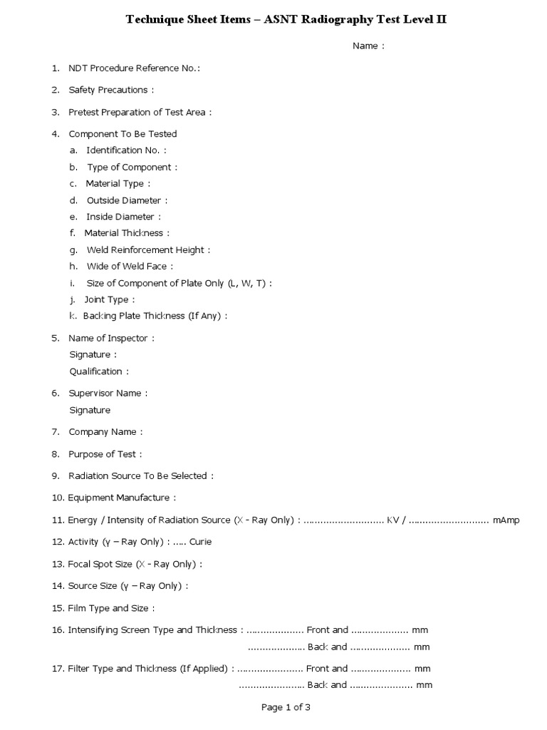 RT-Technique Sheet Items Level II | PDF | Radiography | Imaging