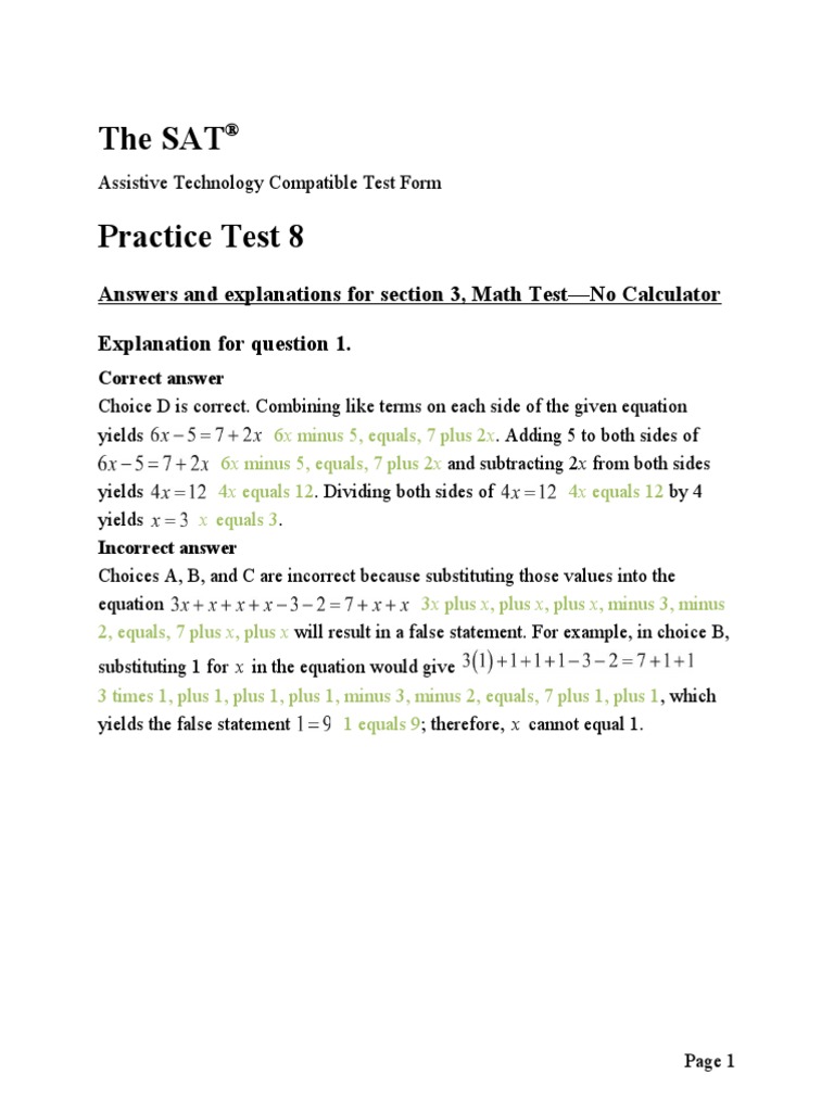 Sat Practice Test 8 Math No Calculator Answers Assistive Technology ...