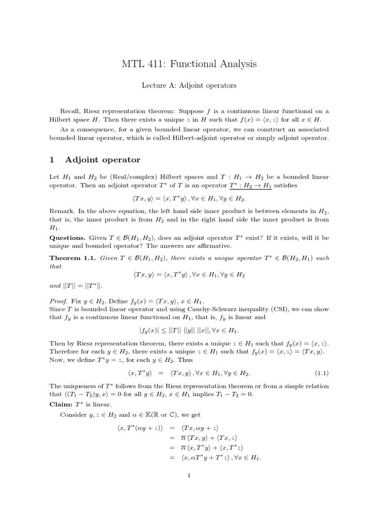 MTL 411: Functional Analysis: 1 Adjoint Operator | PDF | Hilbert Space | Theoretical Physics