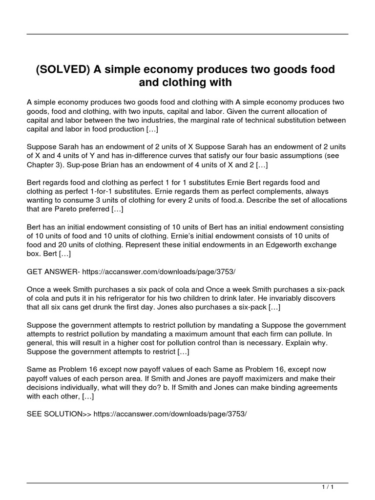 Solved A Simple Economy Produces Two Goods Food and Clothing With | PDF ...