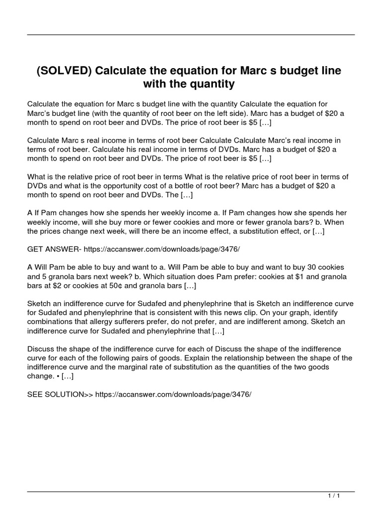 Solved Calculate The Equation For Marc S Budget Line With The Quantity ...
