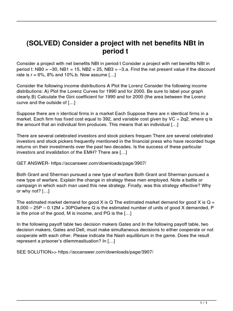 Solved Consider A Project With Net Benefits NBT in Period T | PDF ...