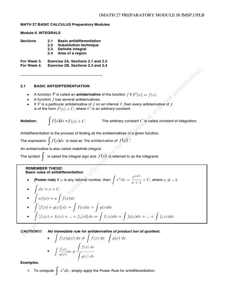 DX X F: 1 - Math 27 Preparatory Module Ii - Imsp, Uplb | PDF | Integral ...
