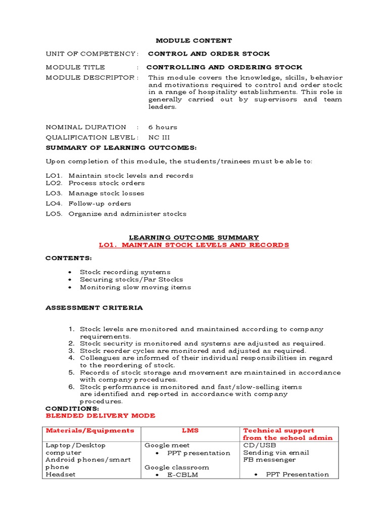 CC Unit 2 Lo1 Maintain Stock Levels & Records | PDF | Inventory ...