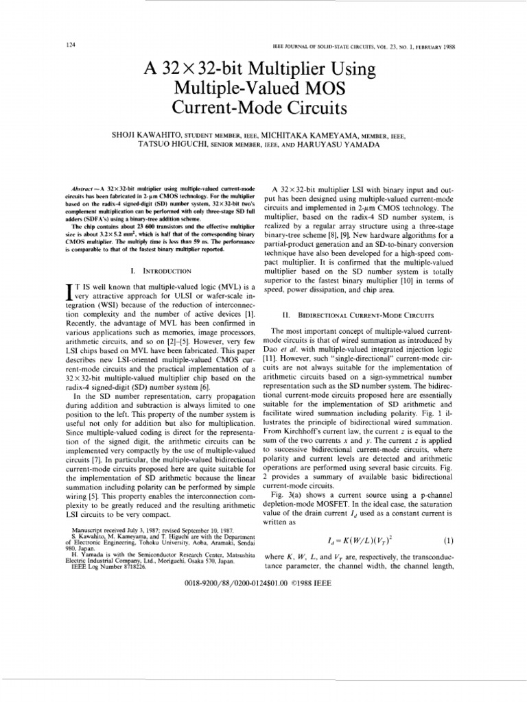 32-Bit Multiplier Using Multiple-Valued MOS Current-Mode Circuits | PDF ...