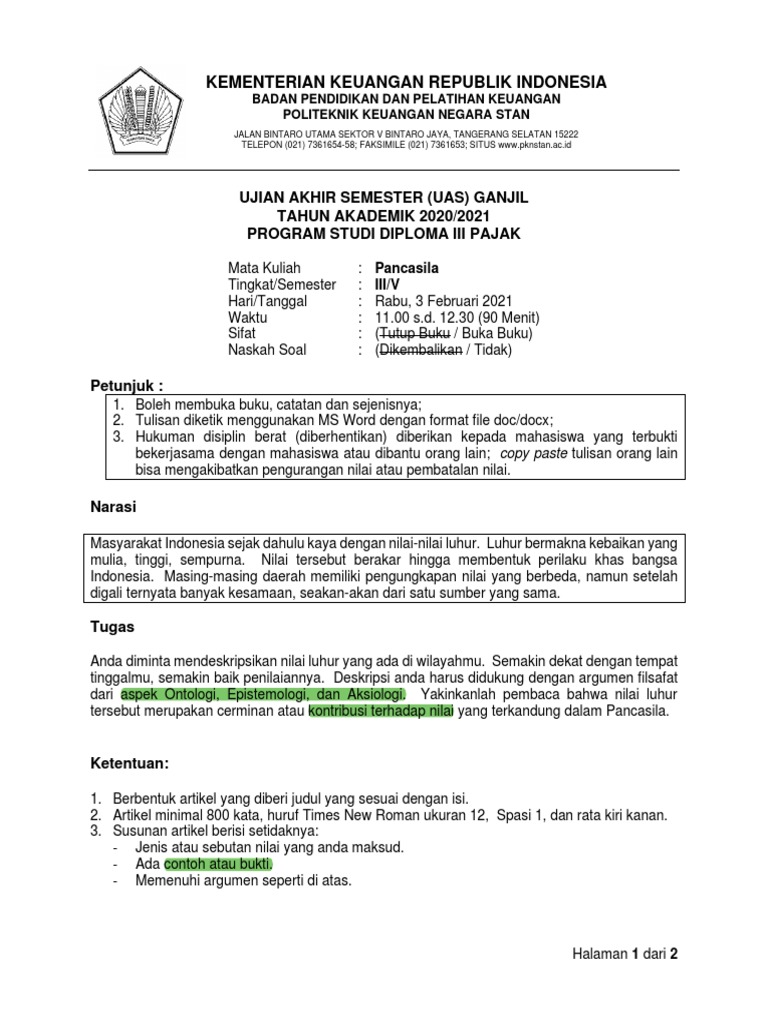 Soal - PPIMK - D3 Pajak - Semester 1 Dan 5 - Pancasila | PDF