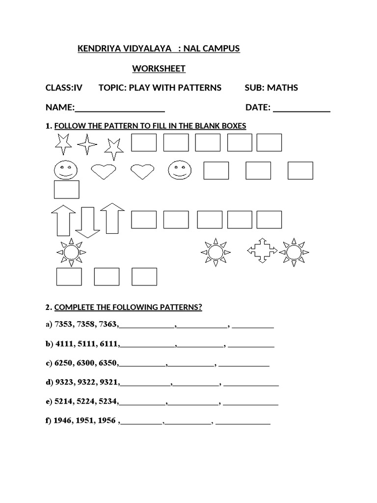 Kendriya Vidyalaya: Nal Campus Worksheet Class:Iv Topic: Play With ...
