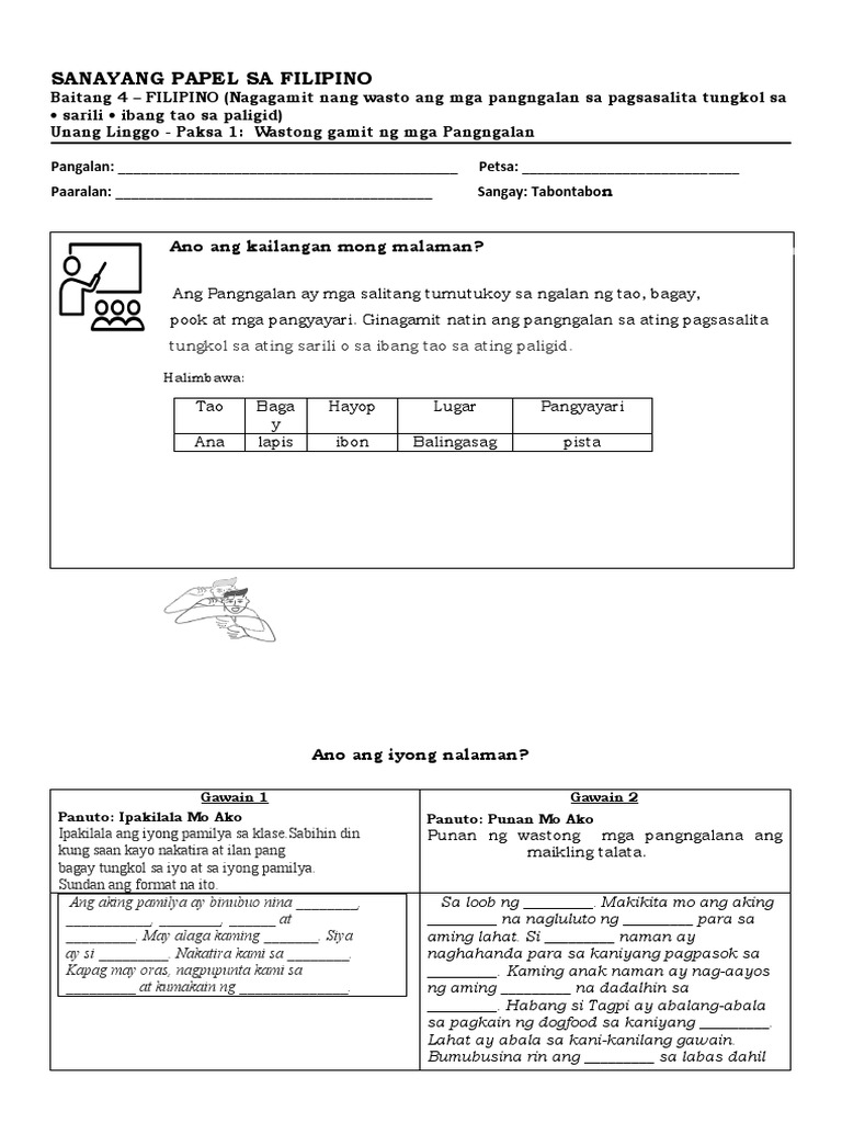 Worksheet in Filipino Q1 Week 1 8 Edited and Complete | PDF